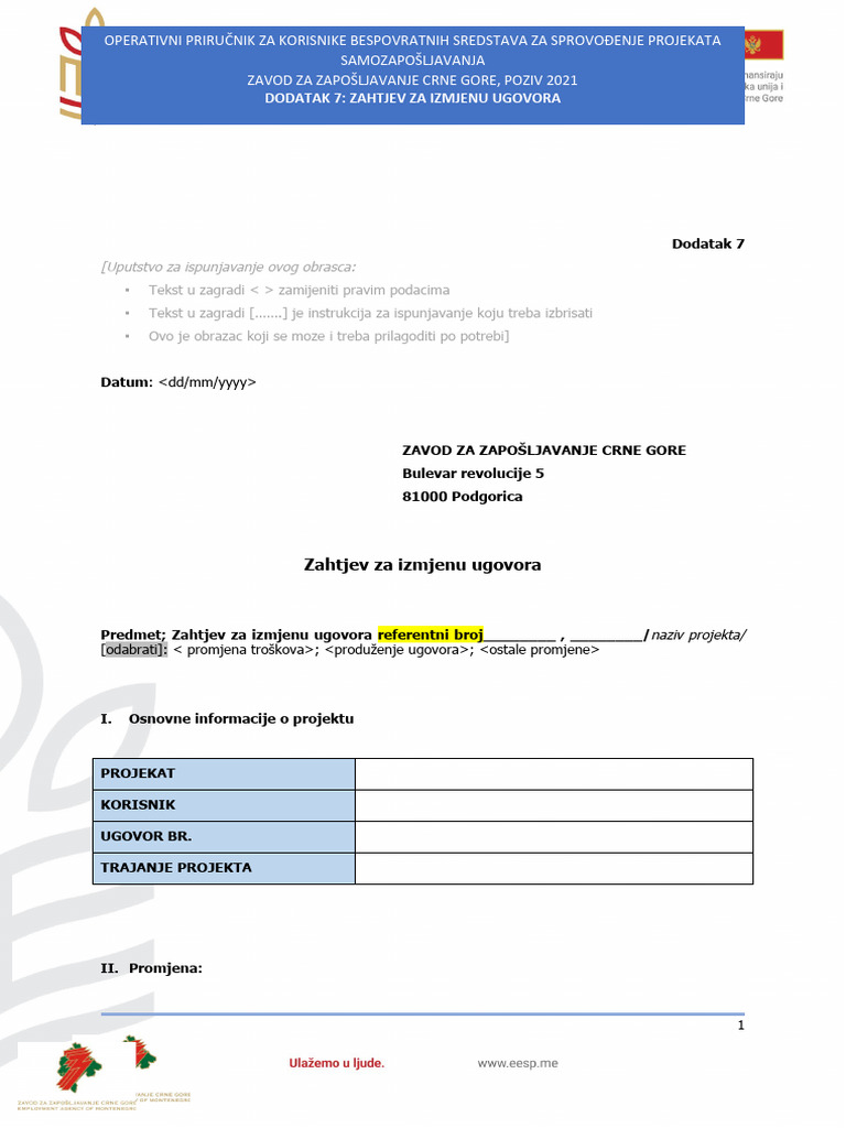 Dodatak 7 - Zahtjev Za Izmjenu Ugovora | PDF