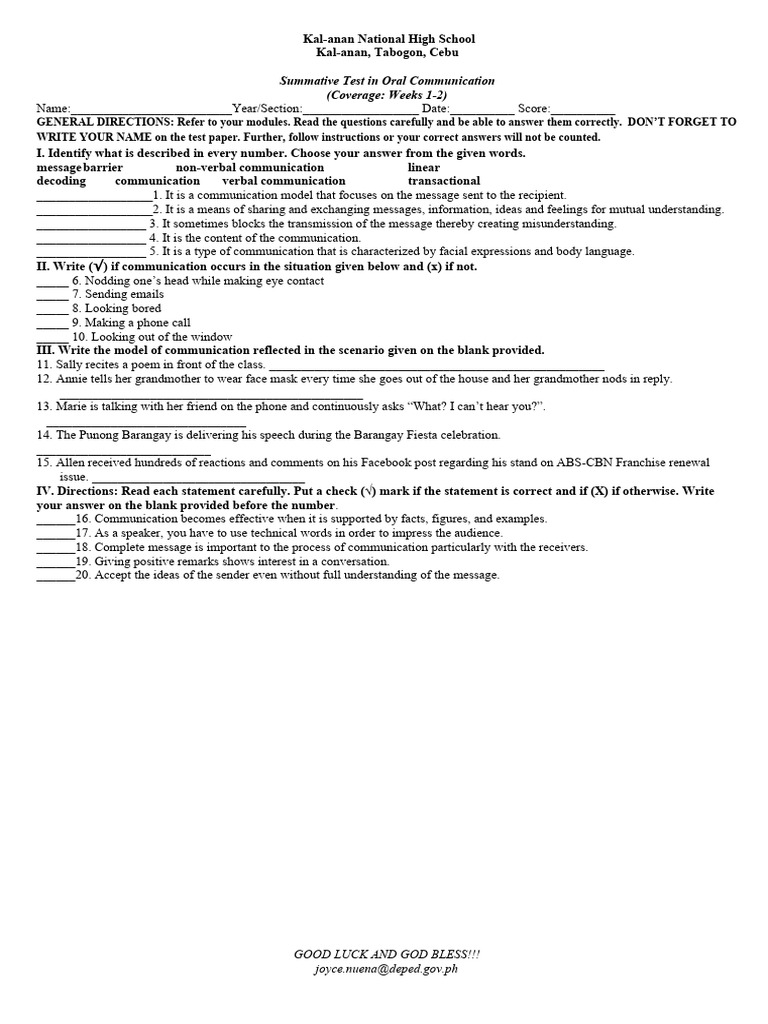 Oral Communication Test - Grade 11 | PDF | Communication | Human ...