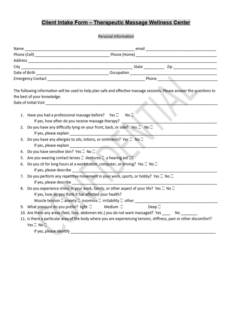 Massage Intake Form Template | PDF | Massage | Health Care