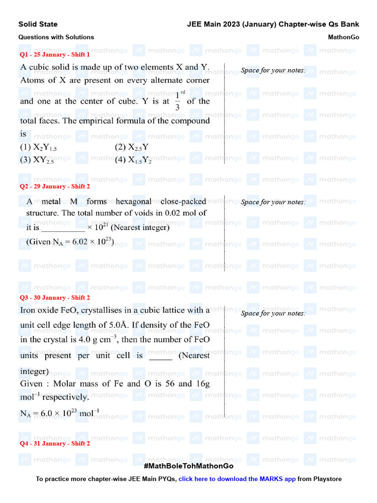 Solid State - JEE Main 2023 January Chapter Wise Questions by MathonGo ...