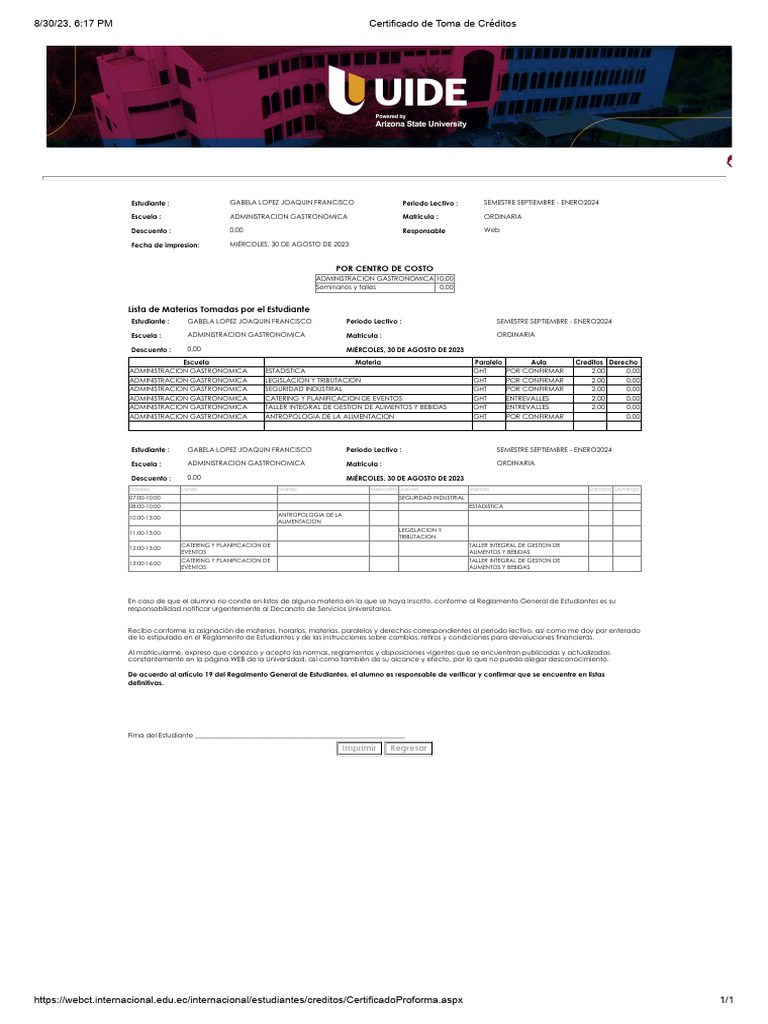 Certificado de Toma de Créditos | PDF