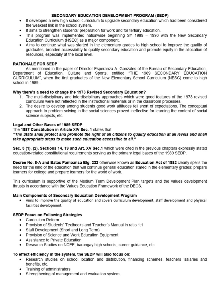 Secondary Education Development Program | PDF | Learning | Curriculum