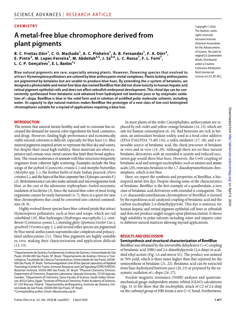 A Metal-Free Blue Chromophore Derived From Plant Pigments | PDF | Acid ...