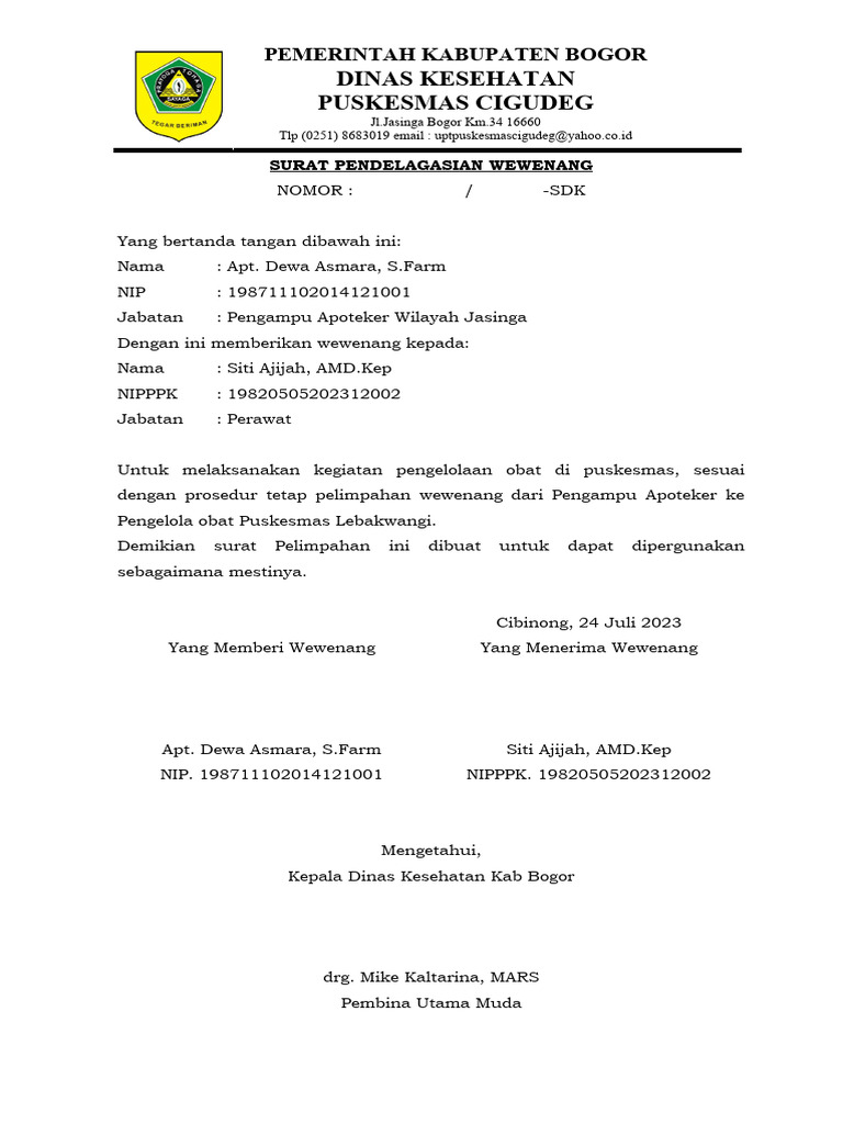 Surat Delegasi Wewenang Apoteker | PDF