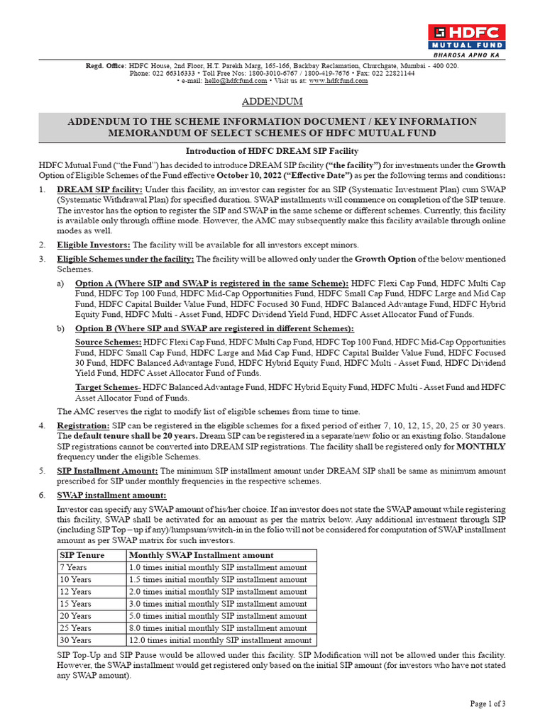 HDFC Dream SIP Facility Addendum | PDF | Investing | Stocks