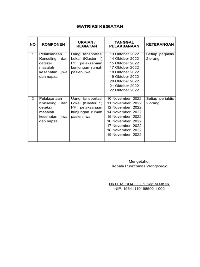 Matriks Kegiatan Dan Surat Pernyataan Program Keswa Napza | PDF
