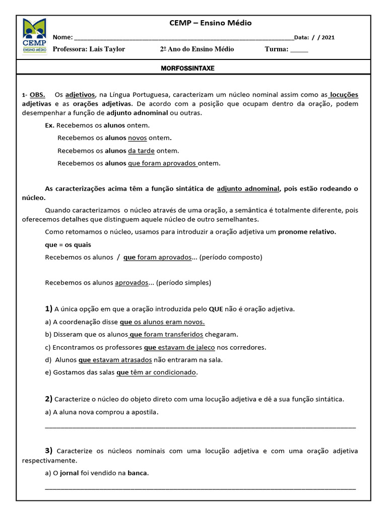 Português MORFOSSINTAXE Exercícios e Resumo | PDF | Substantivo | Pronome