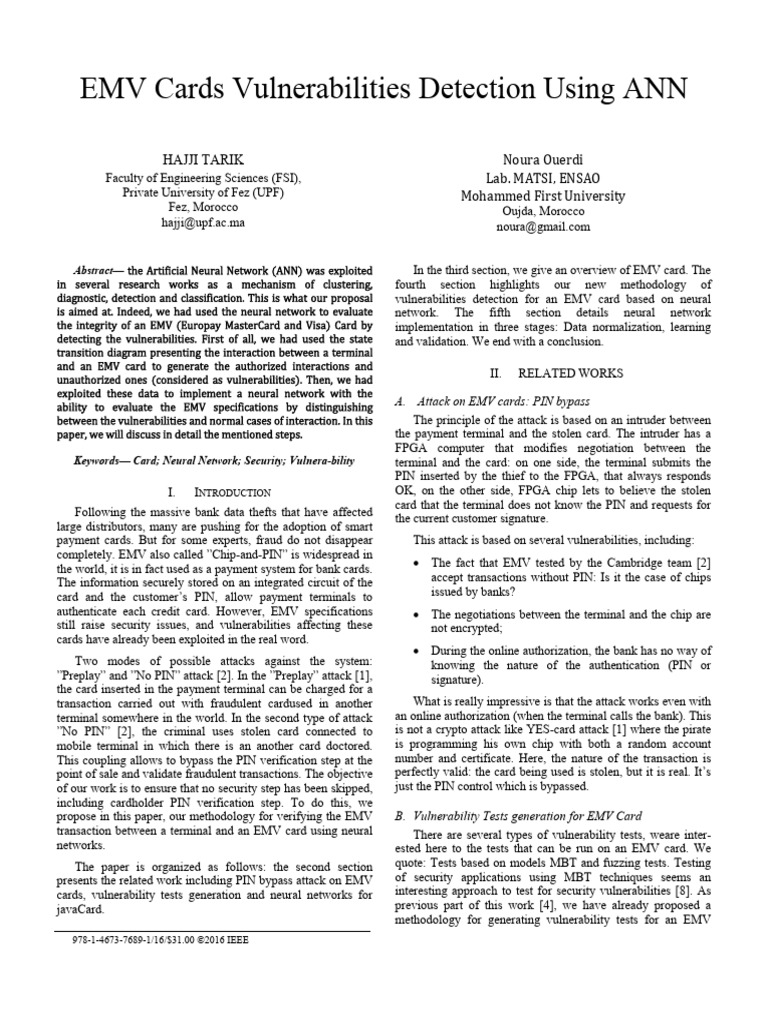EMV Cards Vulnerabilities Detection Using ANN | PDF | Emv | Computing