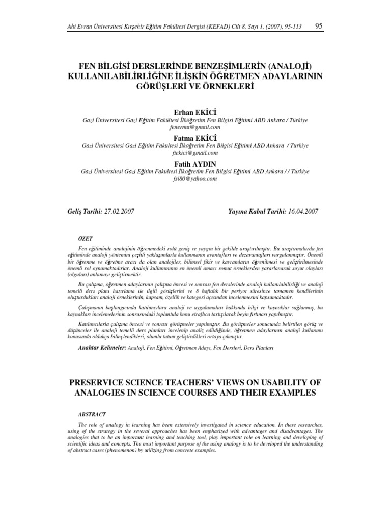 Fen B LG S Dersler Nde Benze Mler N (Analoj) Kullanilab L RL Ne L K N Ö Retmen Adaylarinin Görü ...