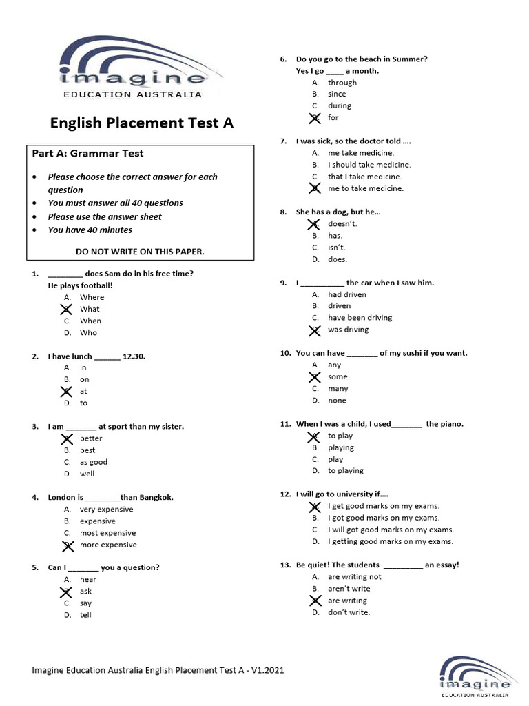 Placement Test A 2021 V1 | PDF | Supermarket | Bangkok