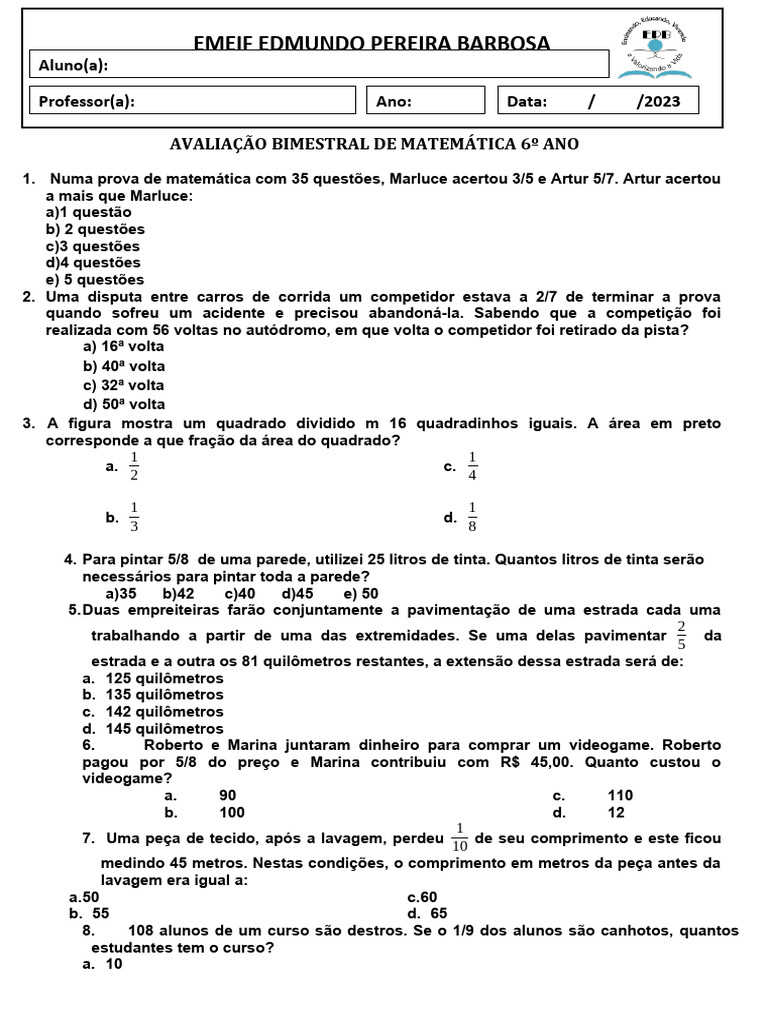 Avaliação Bimestral de Matemática 6º Ano | PDF