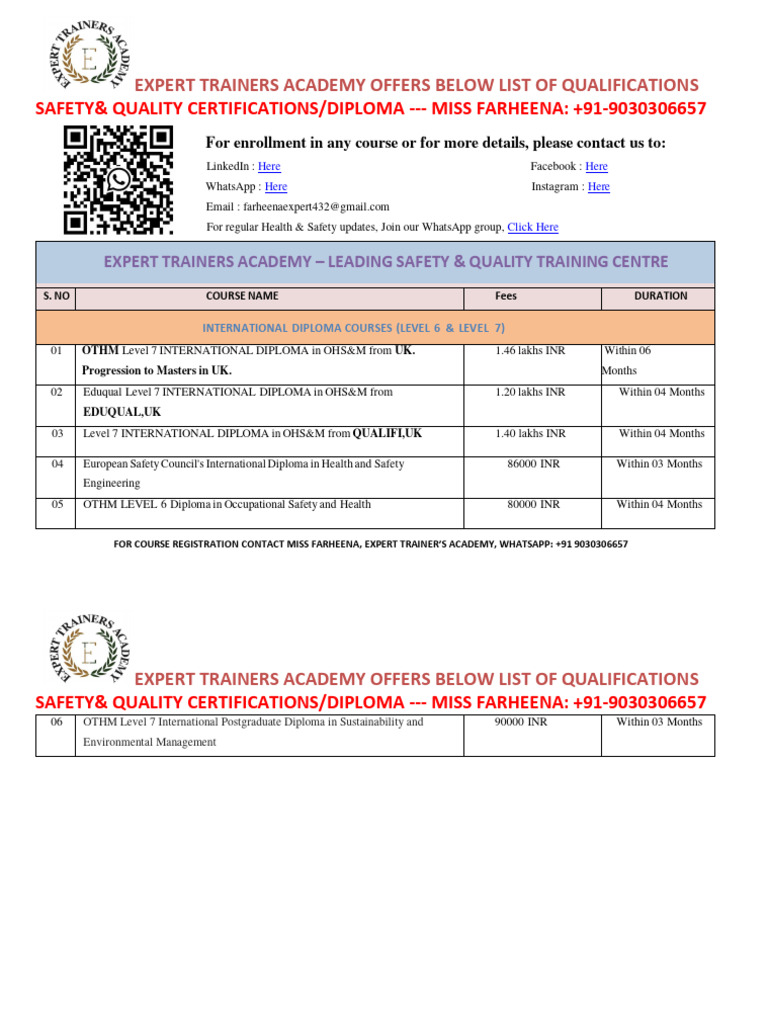 Expert Safety and ISO Course List.... | PDF | Diploma | Safety