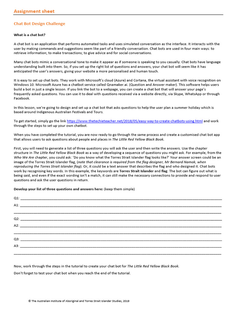 Year 7 and 8 Digital Technologies Chat Bot Design Task Assignment ...