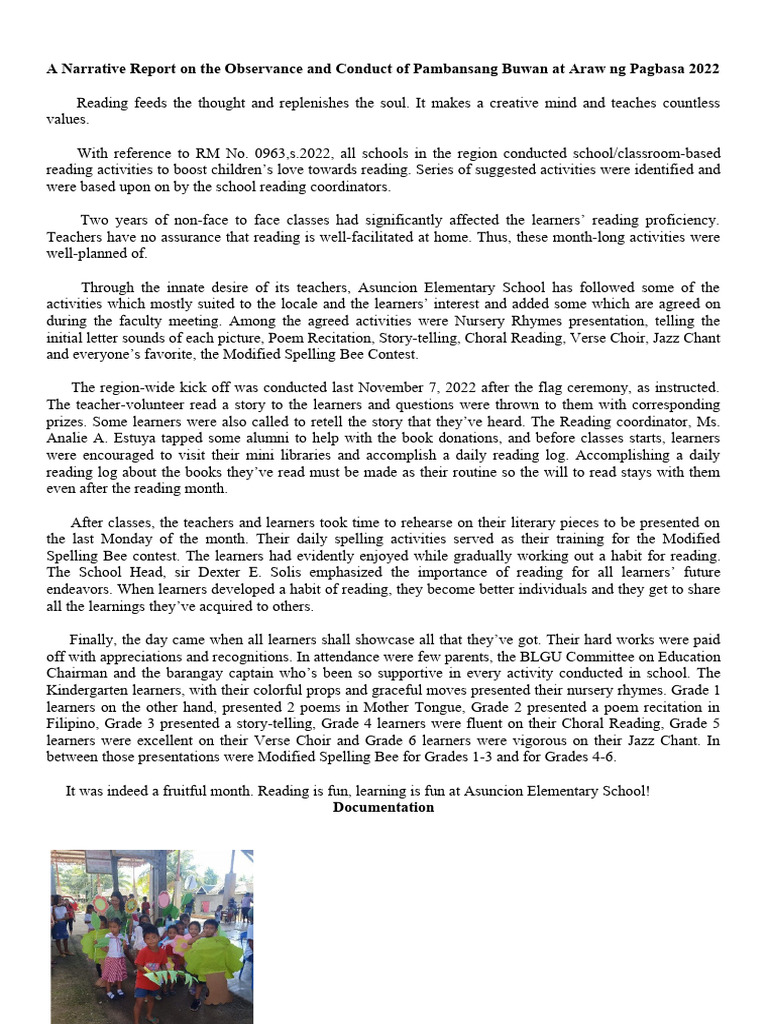 Narrative Report On National Reading Month | PDF | Learning