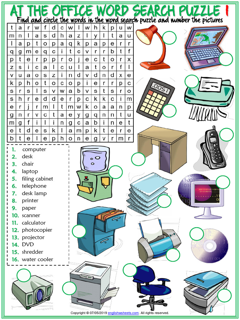 office objects vocabulary esl word search puzzle worksheets for kids ...