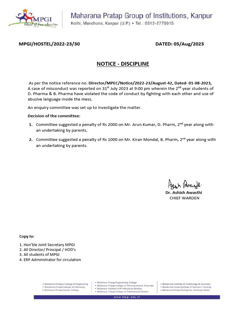 Hostel Discipline | PDF