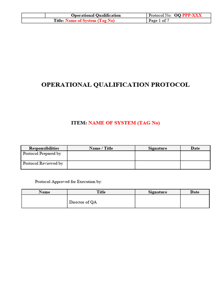 Operational Qualification Protocol Template | PDF