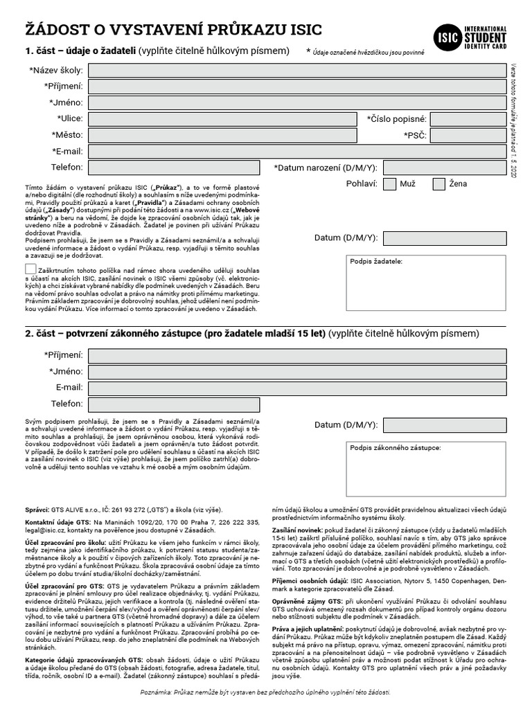 Zadost A4 ISIC Form | PDF
