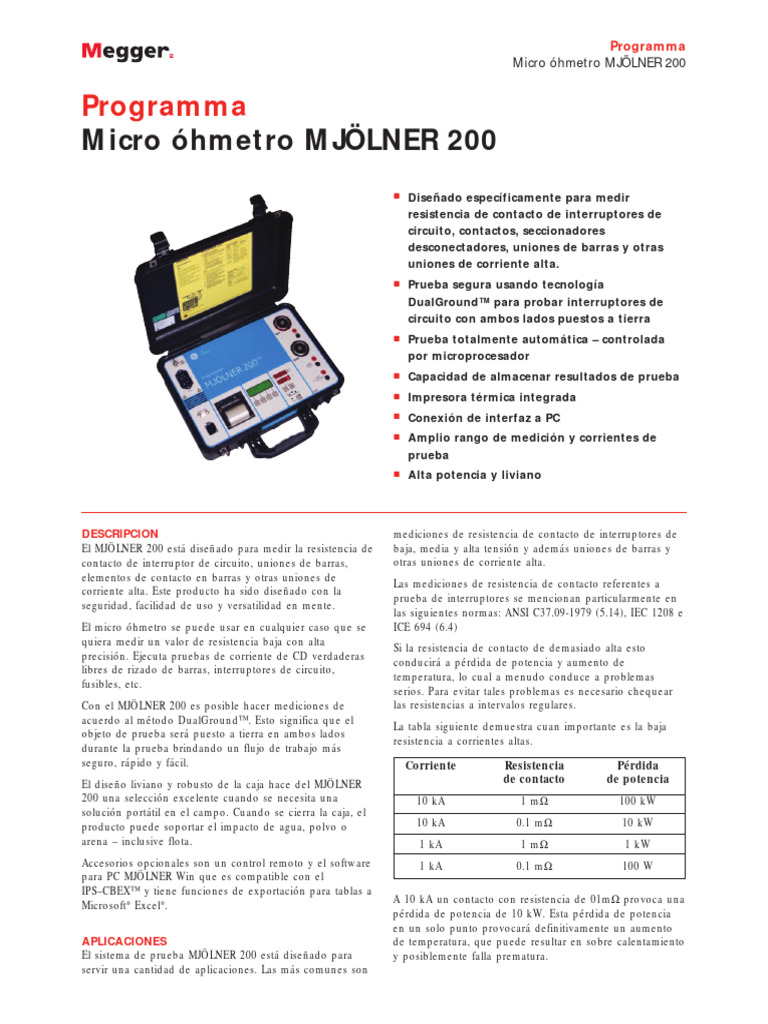 Mjolner200.PDF Micro Ohmimetro Marca Megger | PDF | Resistencia ...