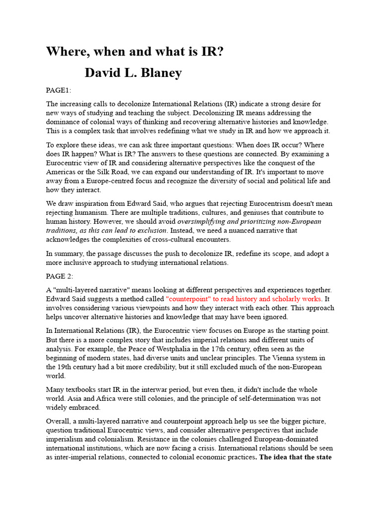 Summary of Where, When and What Is IR by David Blaney | PDF | State (Polity) | International ...