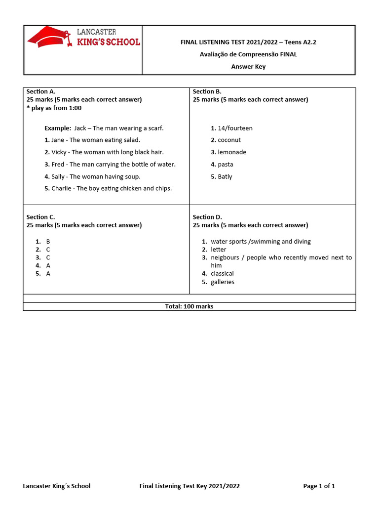 A2.2 Final Listening Test Key 2021/2022 | PDF