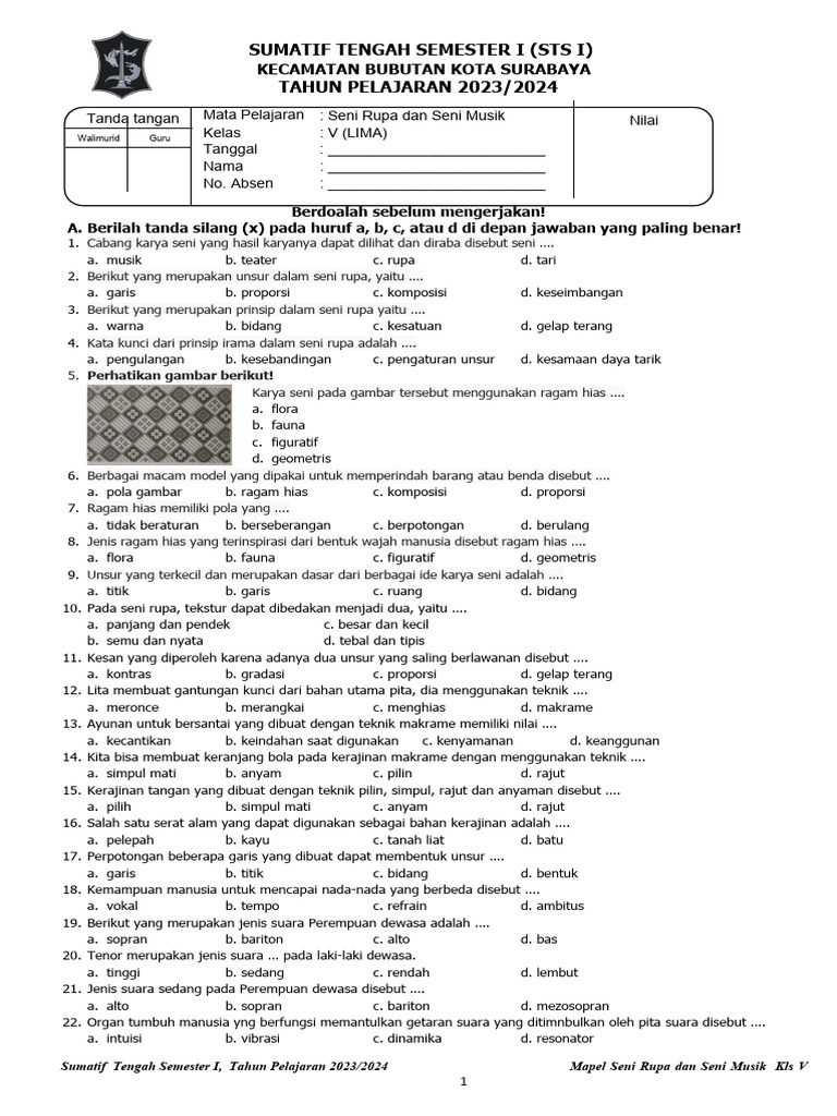 Soal Sumatif Tengah Semester I Seni Budaya 2023-2024 | PDF | Griya & Taman | Seni