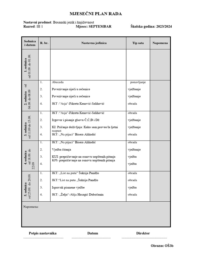 Mjesečni PL - Rada OŠ3b Bosanski | PDF