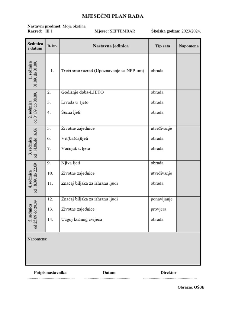 Mjesečni PL - Rada OŠ3b Moja Okolina | PDF
