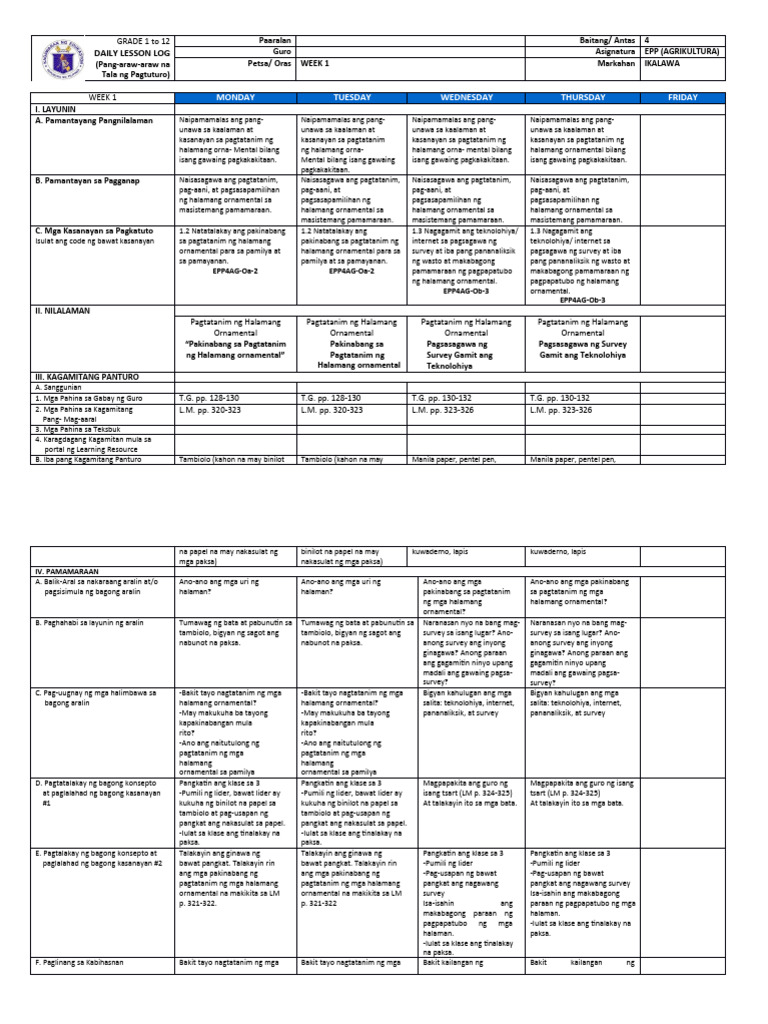 DLL Epp Agriculture Complete Quarter 2 Week 1 9 | PDF