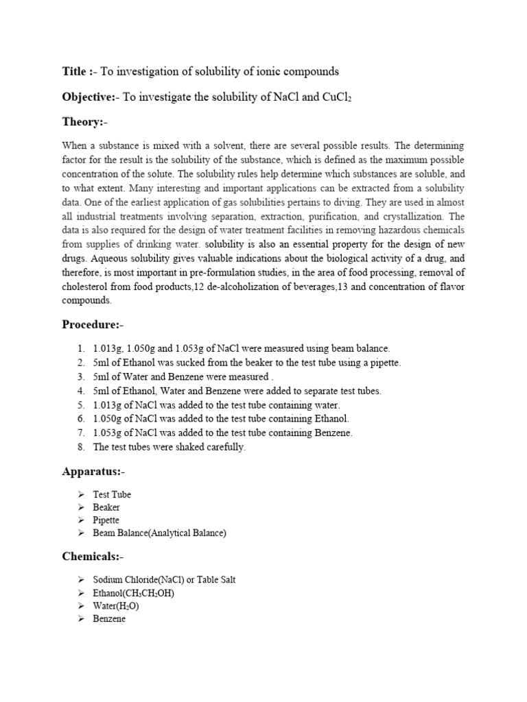 Title:-To Investigation of Solubility of Ionic Compounds Objective: - To Investigate The ...