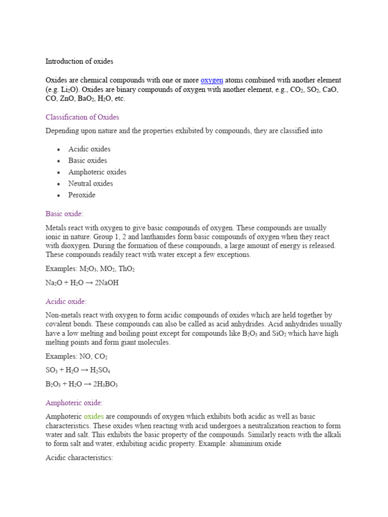 Introduction of Oxides | PDF | Chemical Compounds | Oxide