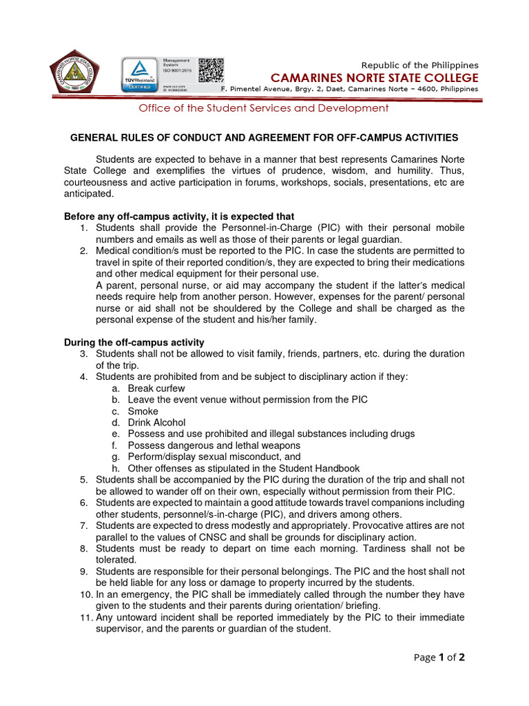 Off-Campus Activity Conduct Rules | PDF | Justice | Crime & Violence