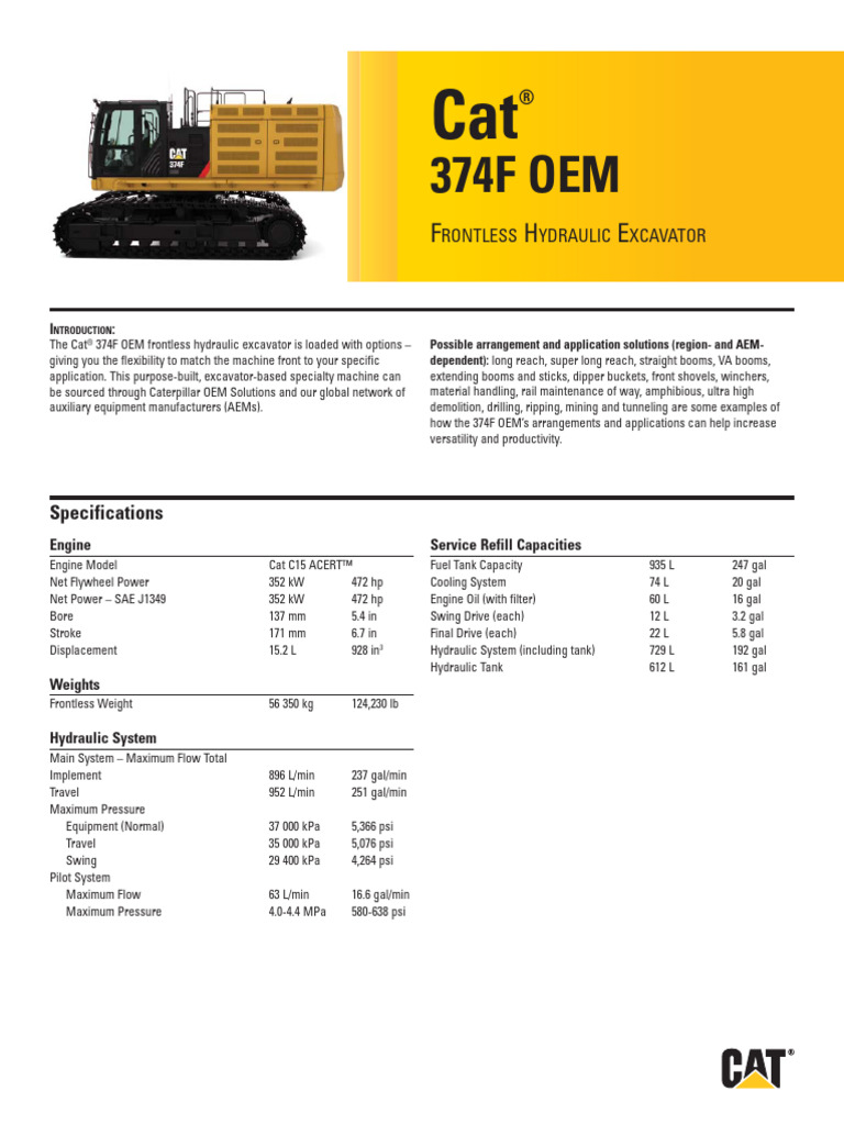 374F - Specalog (English) - 374FOEMFrontlessHydraulicExcavator | PDF ...