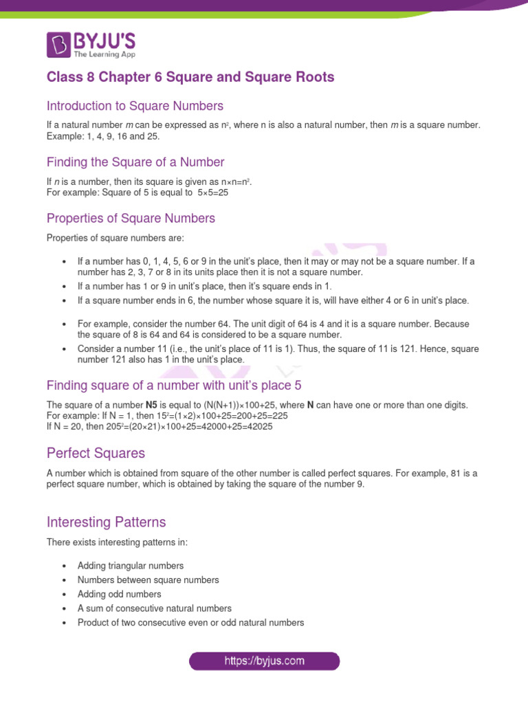 Class 8 Chapter 6 Square and Square Roots | PDF | Summation | Numbers