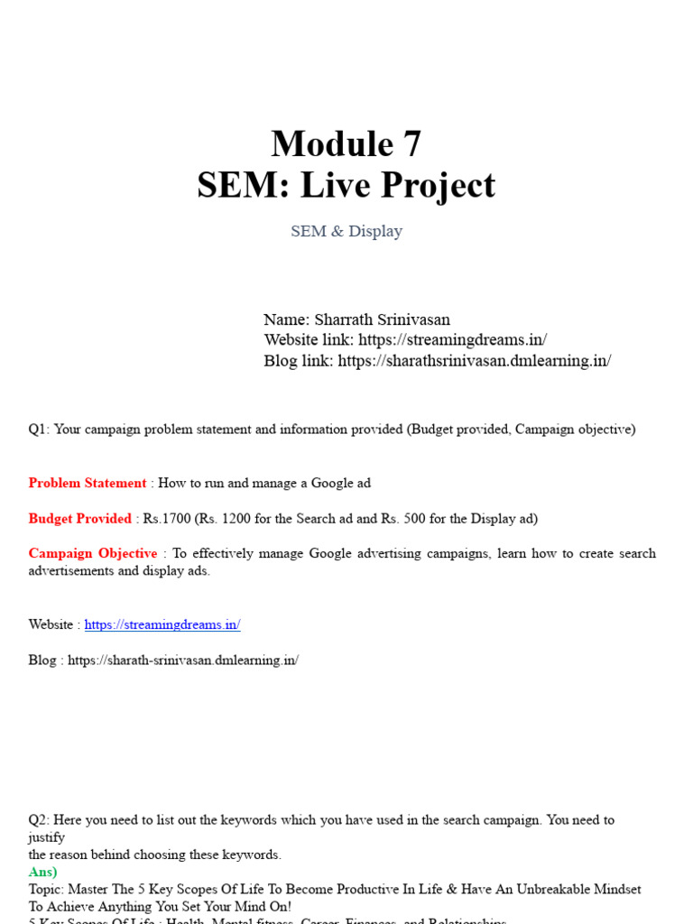 Sharath MICA SEM&Display Liveproject (1) 230906 213541 | PDF | Search Engine Marketing | Marketing