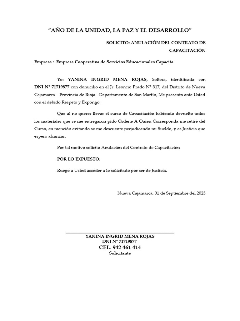 Solicitud de Anulacion de Contrato | PDF