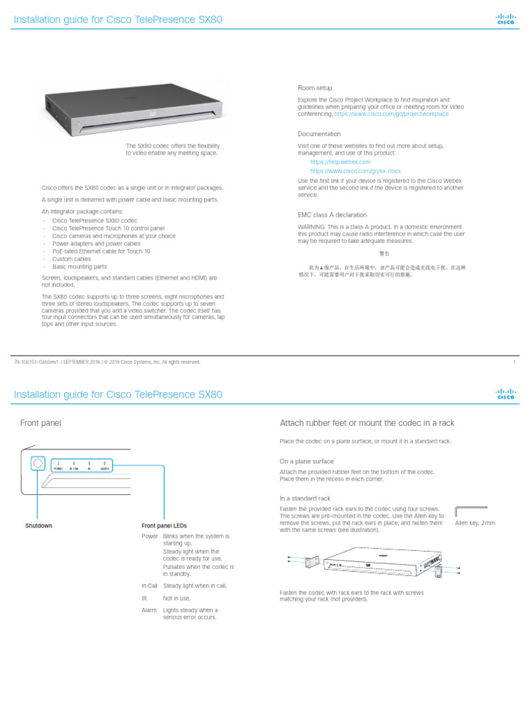 Installation Guide For Cisco TelePresence SX80 | PDF | Hdmi | Loudspeaker