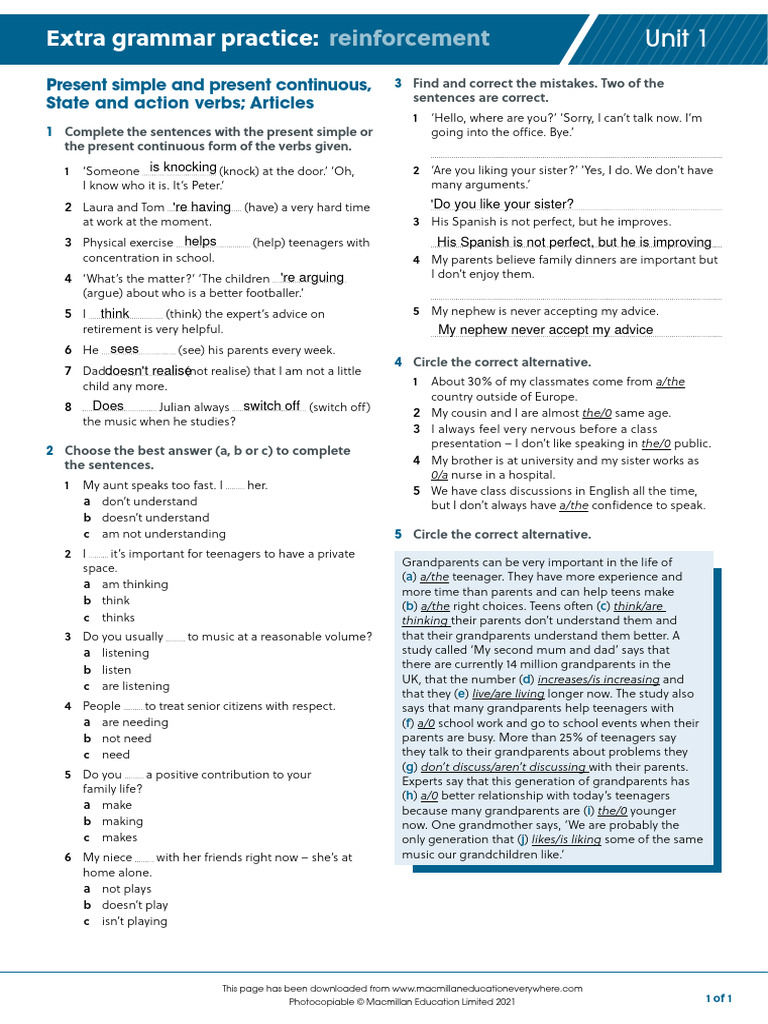 B1 - U1 - Extra - Grammar - Practice - Reinforcement Only Letters Part | PDF