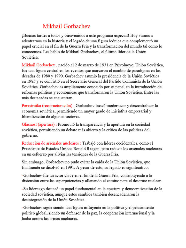 Legado de Mikhail Gorbachev en la historia | PDF | Política | Viajes y ...