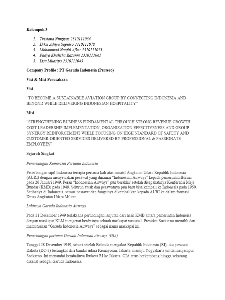 Company Profile Garuda Indonesia & Indofood Kelompok 3 | PDF