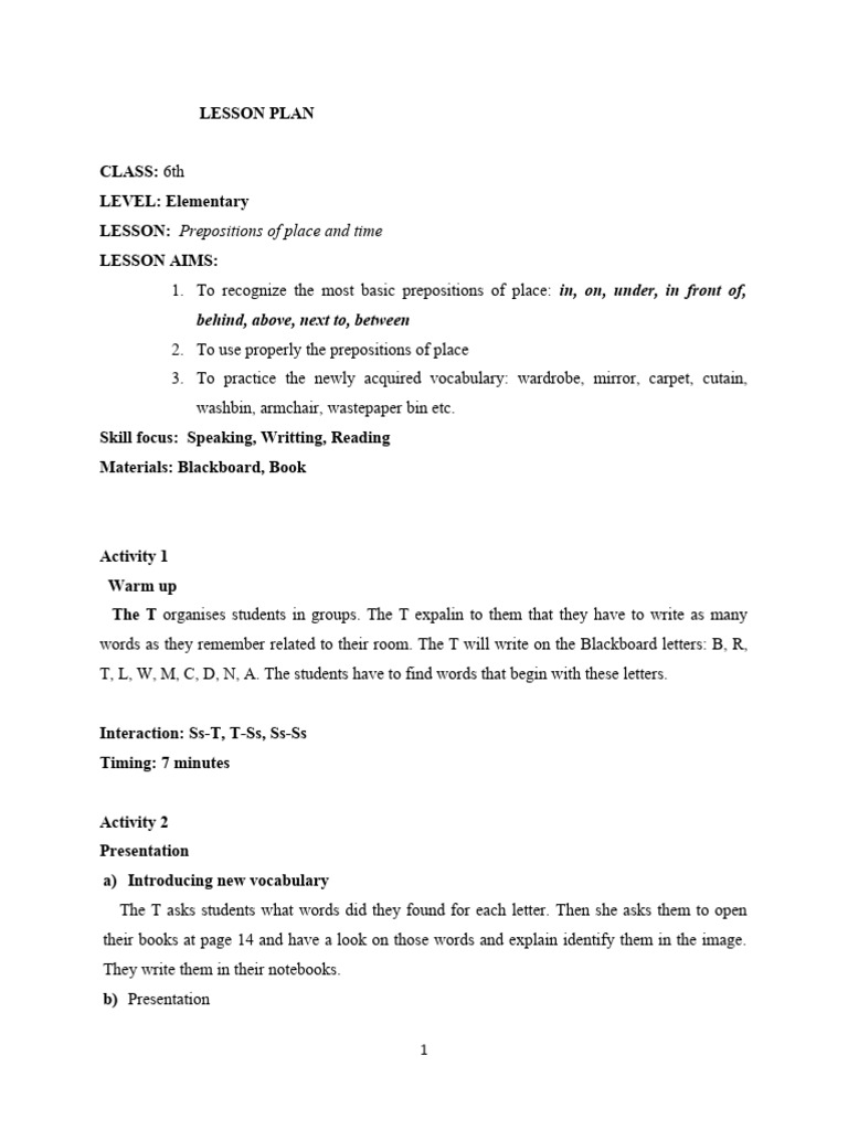 0 Lesson Plan Prepositions of Place | PDF 0 Lesson Plan Prepositions of Place | PDF