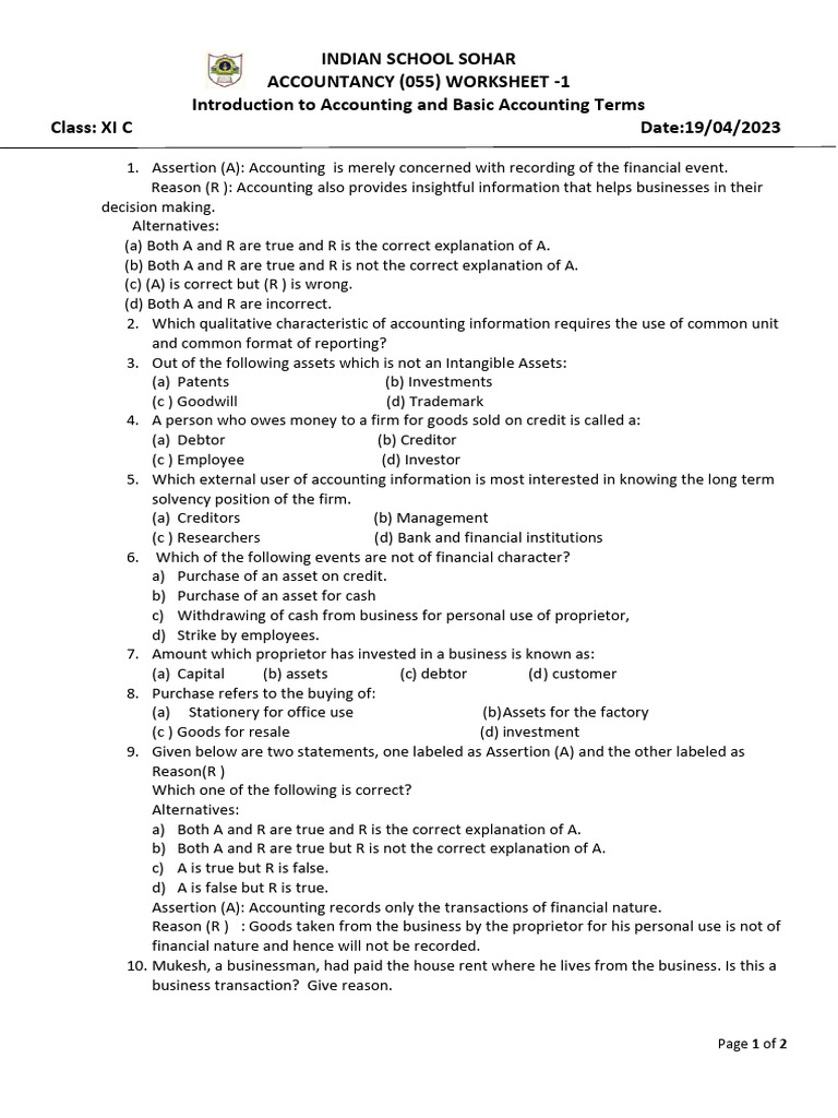 Accountancy Worksheet Grade XI Chapter 1 and Chapter 2 | PDF | Revenue ...