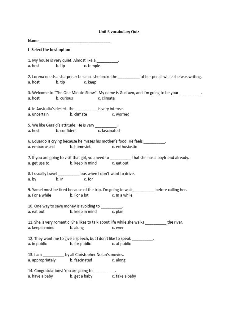 Unit 5 Vocabulary Quiz | PDF