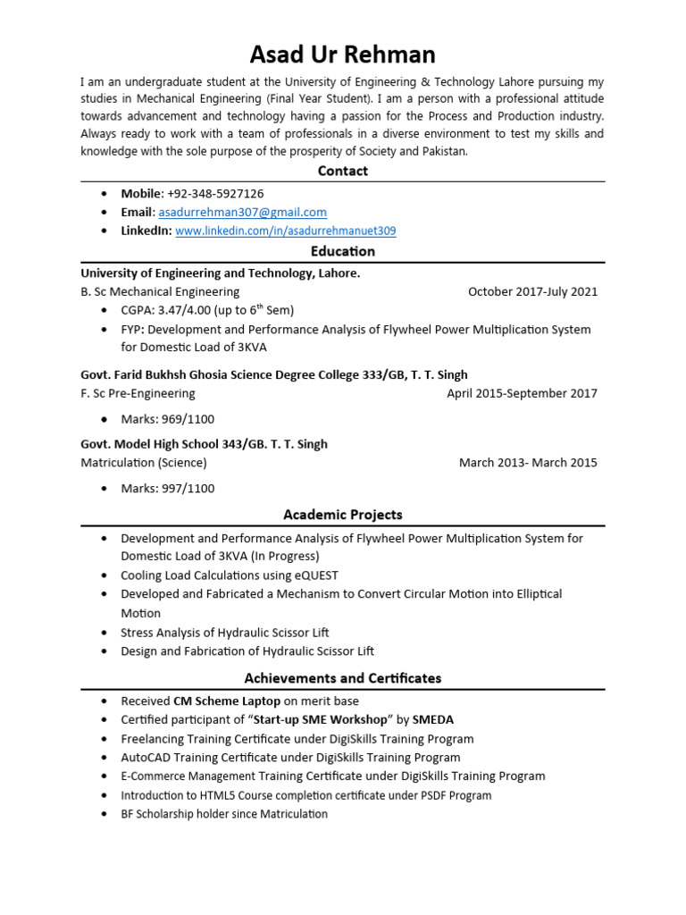 Asad Ur Rehman-Resume | PDF | Engineering