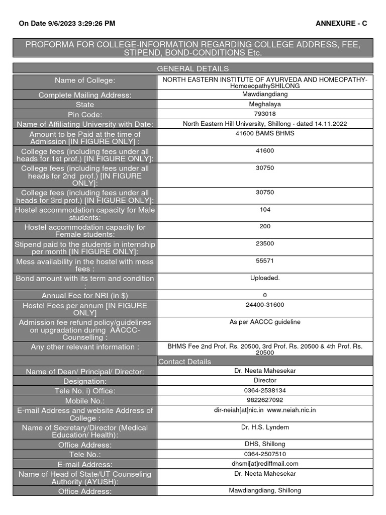 NEIAH Shillong Hostel Fee Structure | PDF | Medicine | Health Care