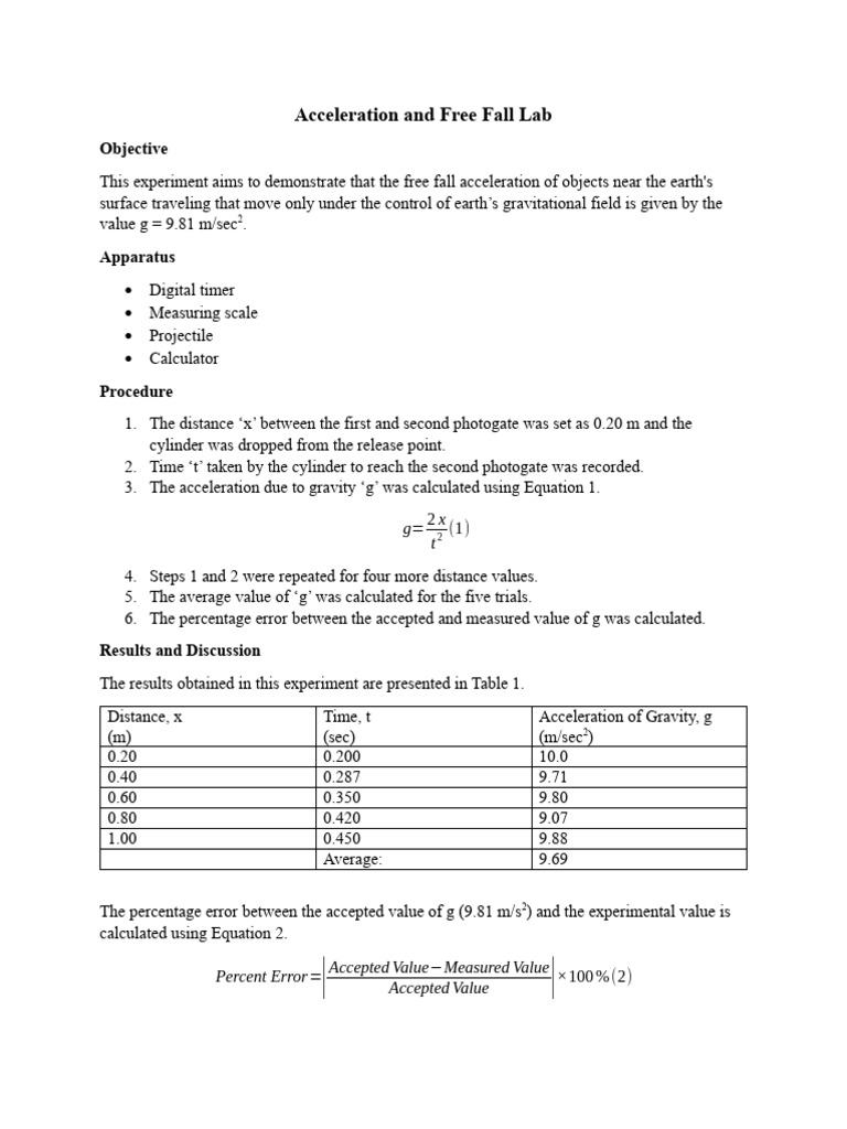 Acceleration and Free Fall Lab | PDF