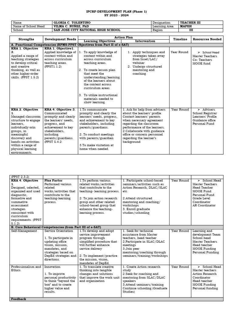 Ipcrf-Development-Plan-2023-2024 1 | PDF | Learning | Mentorship
