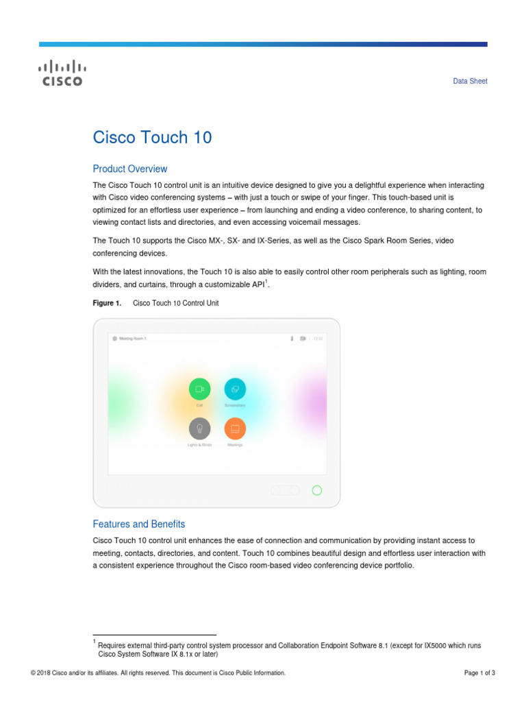 Cisco Touch 10 Data Sheet | PDF | Computing | Computer Engineering