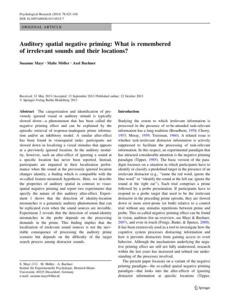 Auditory Spatial Negative Priming What Is Remembered Pdf Priming