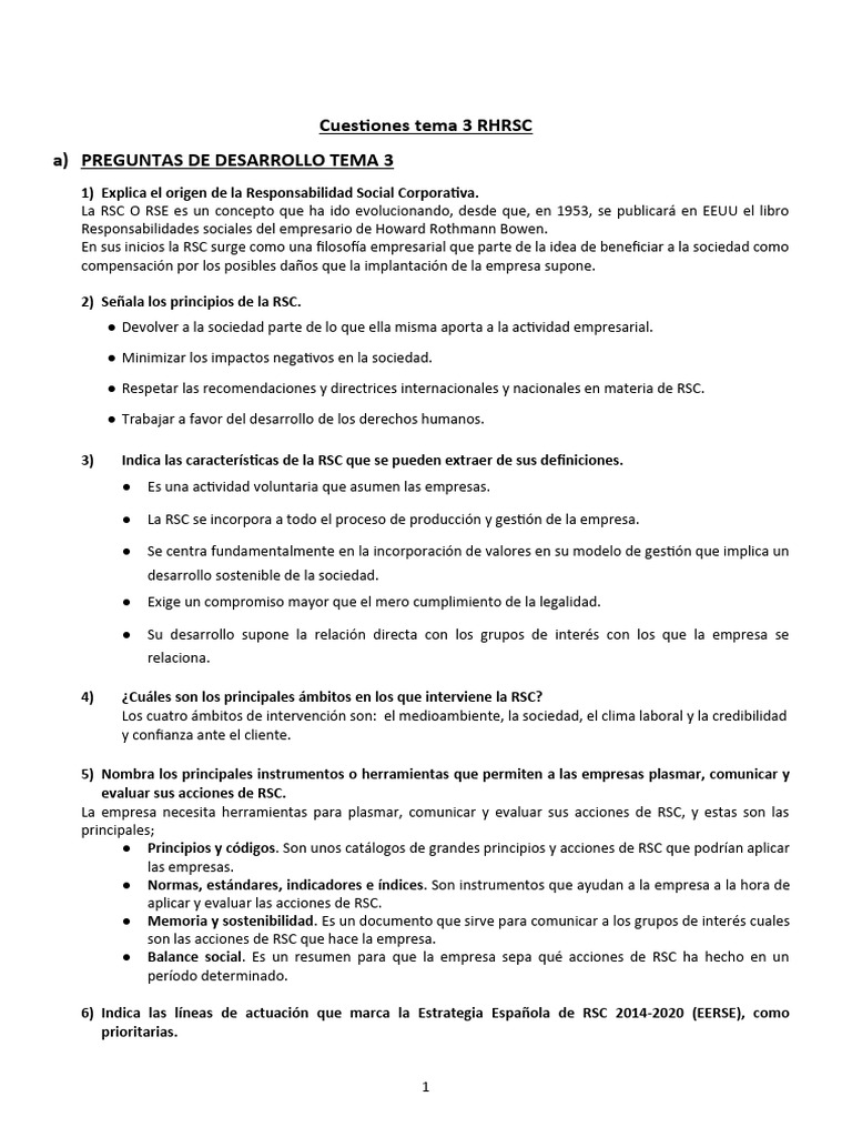 Cuestiones Tema 3 RRHH | PDF | Responsabilidad social corporativa | Economias